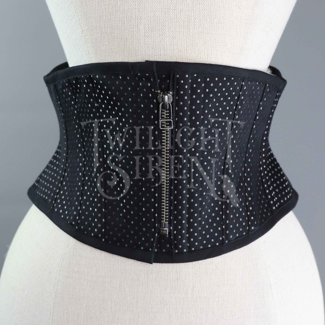 24.5 INCH Waist Corset Black & Silver Spot Coutil Zip Front - Etsy