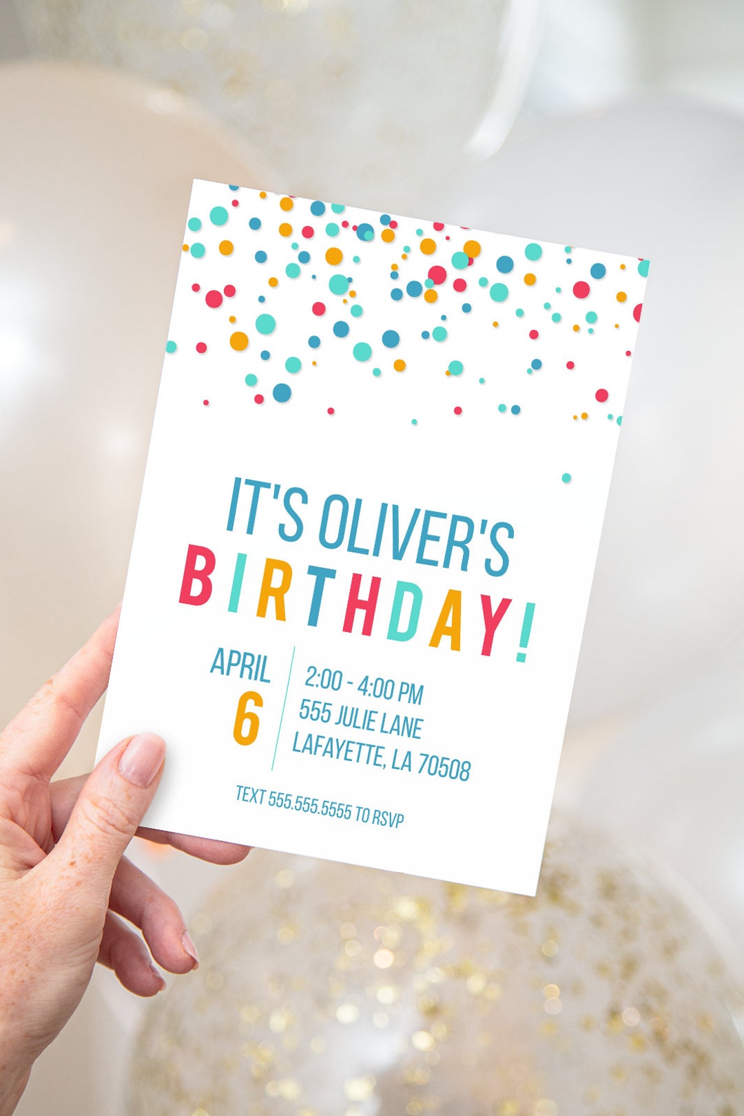 Confetti Birthday Party Invitation | Rainbow Bright Colors | Any Age ...