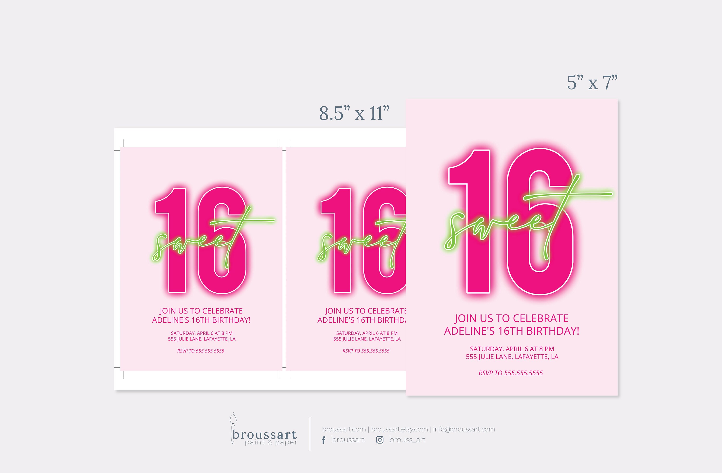 Neon Sweet 16 Printable Birthday Party Invitations Download | Printable ...