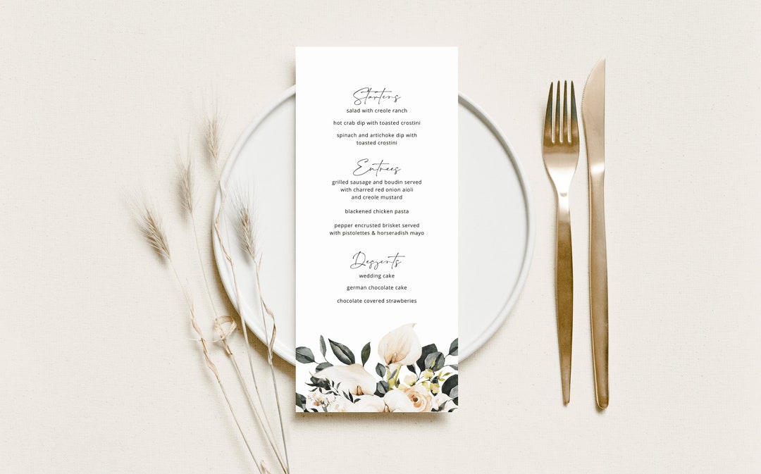 Watercolor Calla Lily Wedding Menu | Printable Instant Download ...