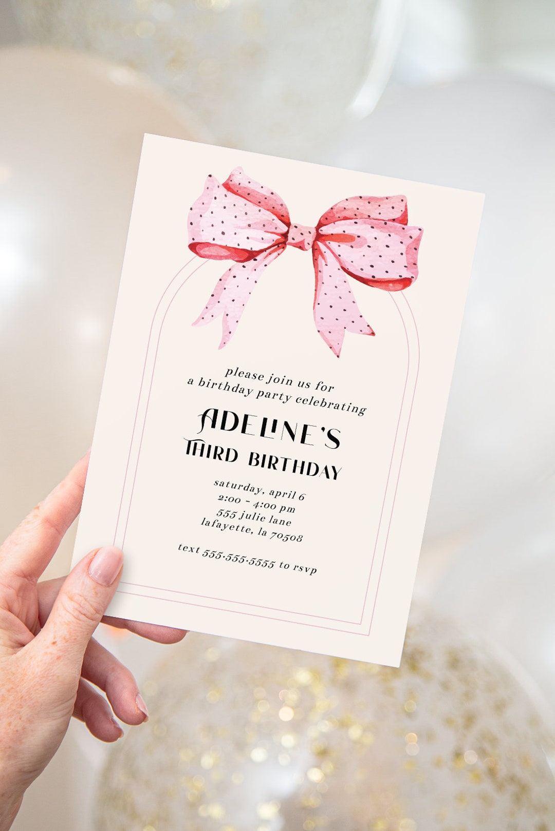 Simple Pink Bow Birthday Party Invitation | Printable Instant Download ...