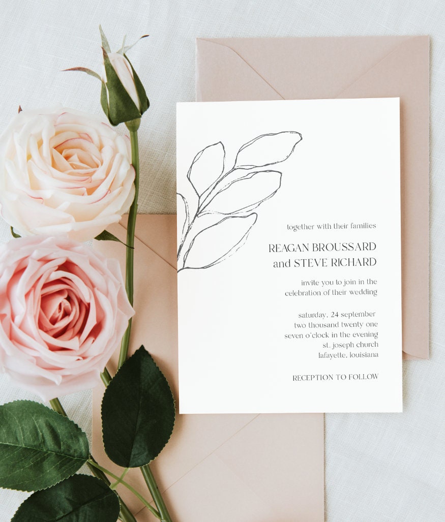 Rustic Leaf Wedding Invitations Minimalist Wedding Invites | Etsy