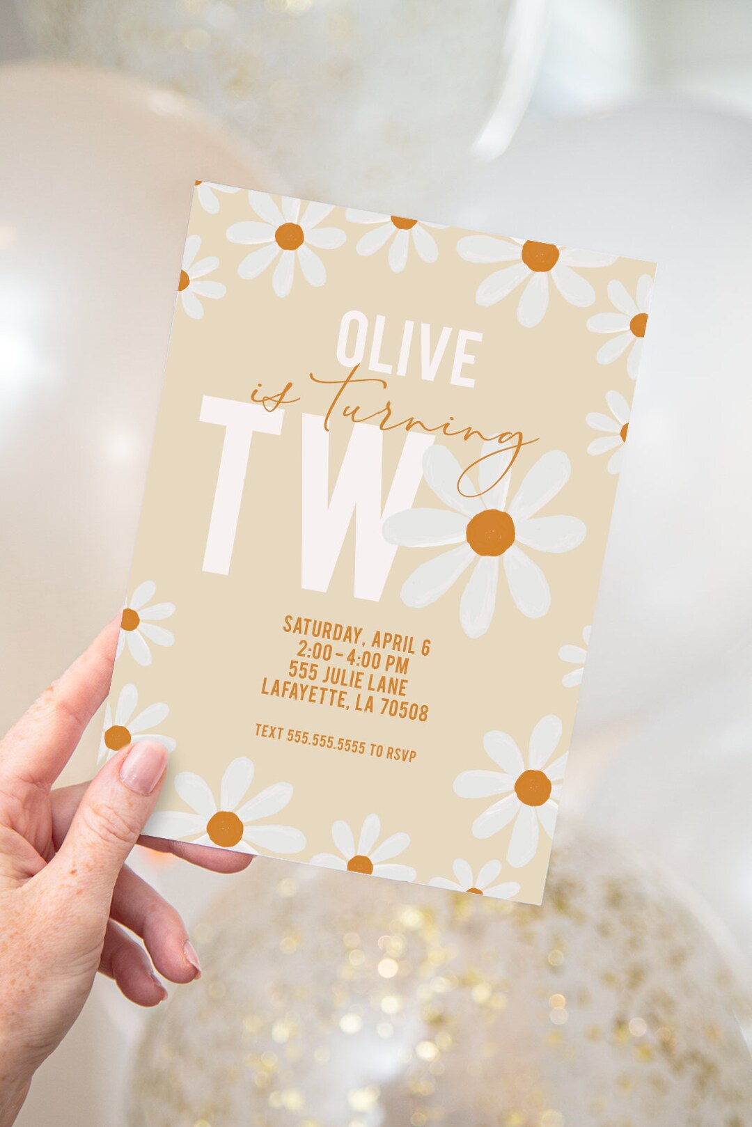 Retro Daisy Second Birthday Party Invitations | Printable Instant ...