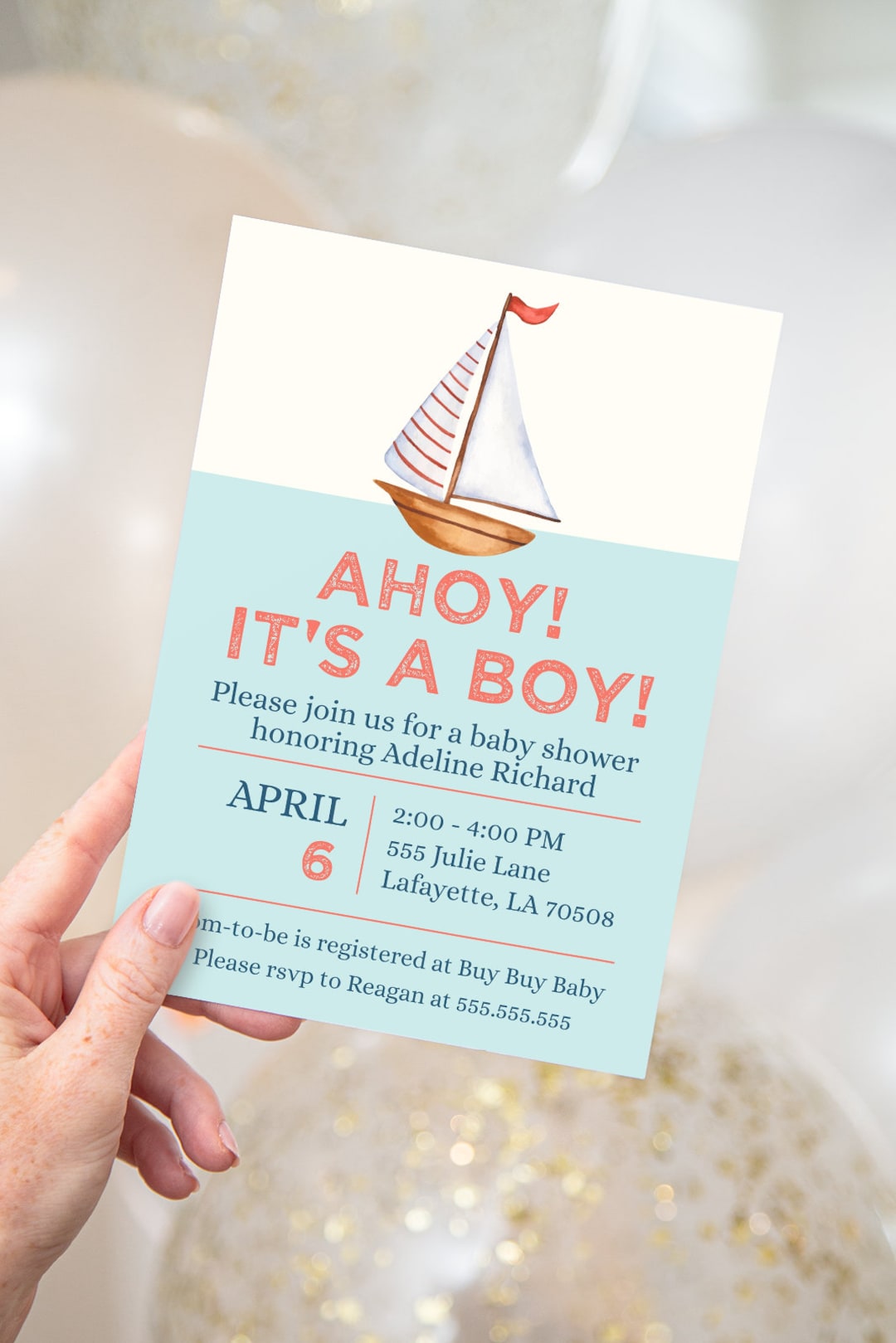 Nautical Sailboat Baby Shower Invitation - Editable Printable Template ...