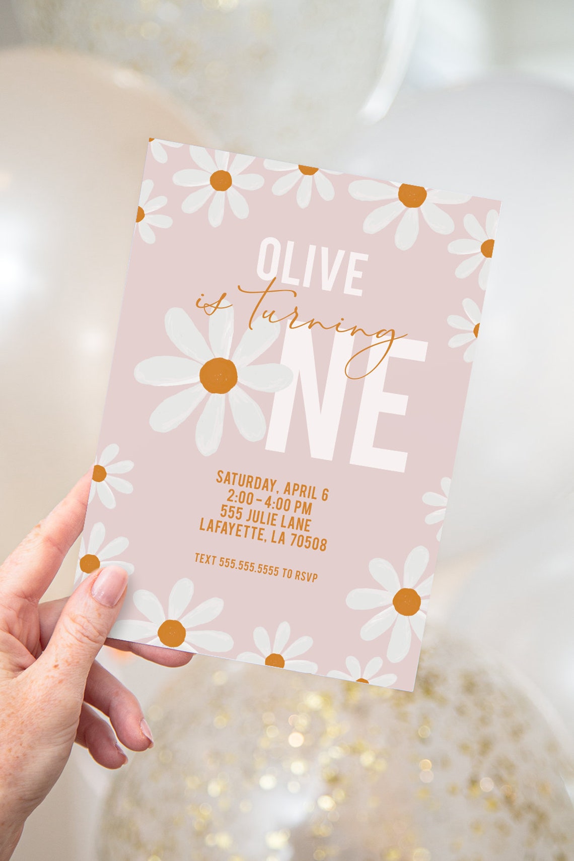 Retro Daisy First Birthday Party Invitations | Printable Instant ...