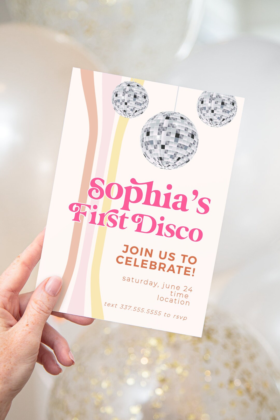 Retro Disco Birthday Invitation Template | Editable First Disco Party ...