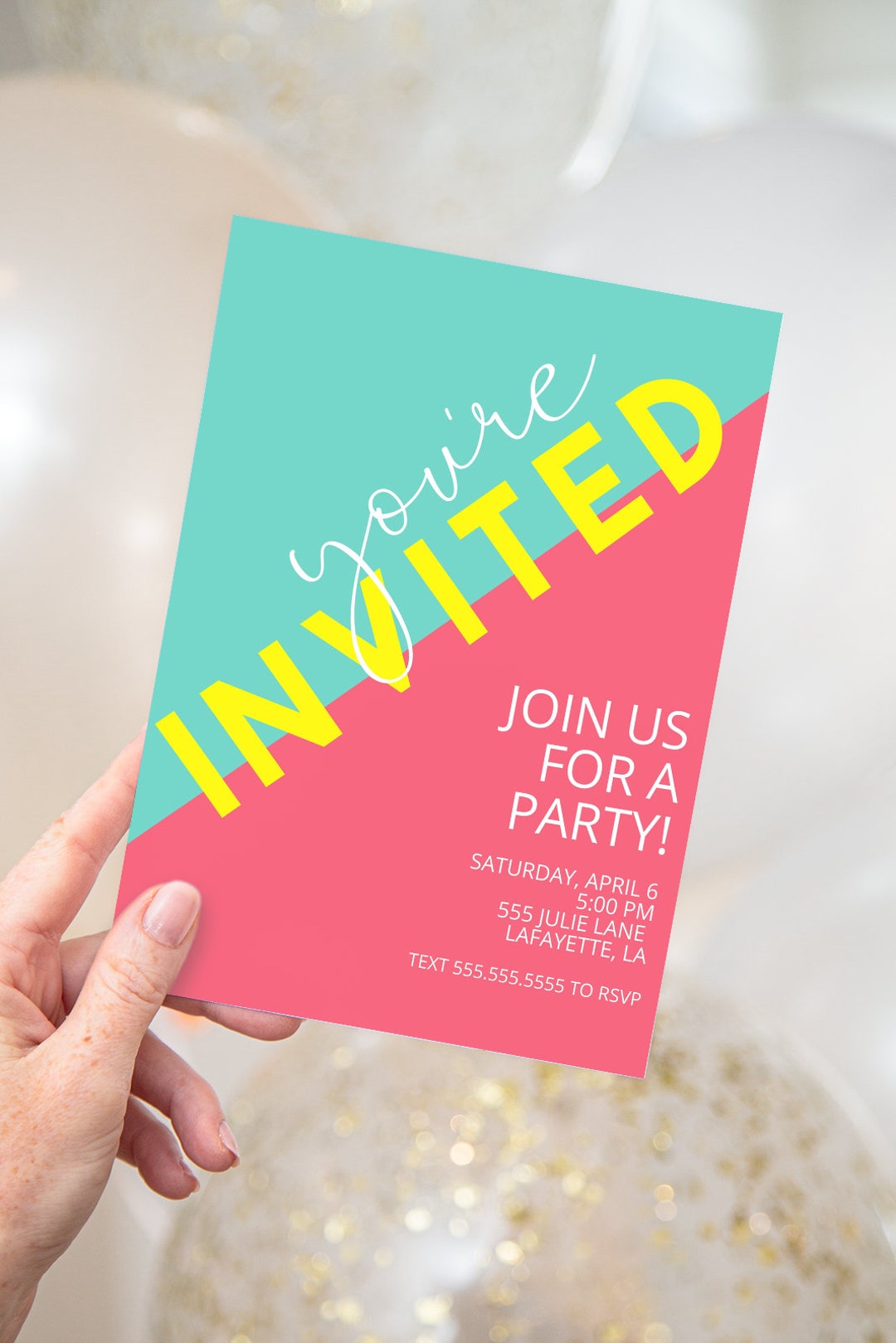 Fun Colorful Blue and Pink Party Invitations | Printable Instant ...