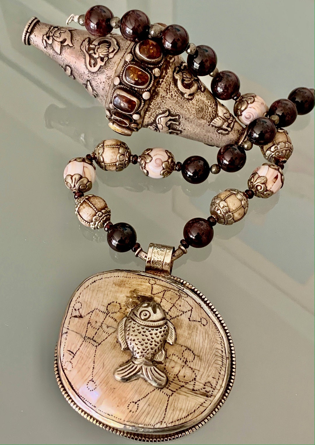 Lolha - Tibetan - Naga Chank Shell Pendant (dramatically Large), Garnet ...