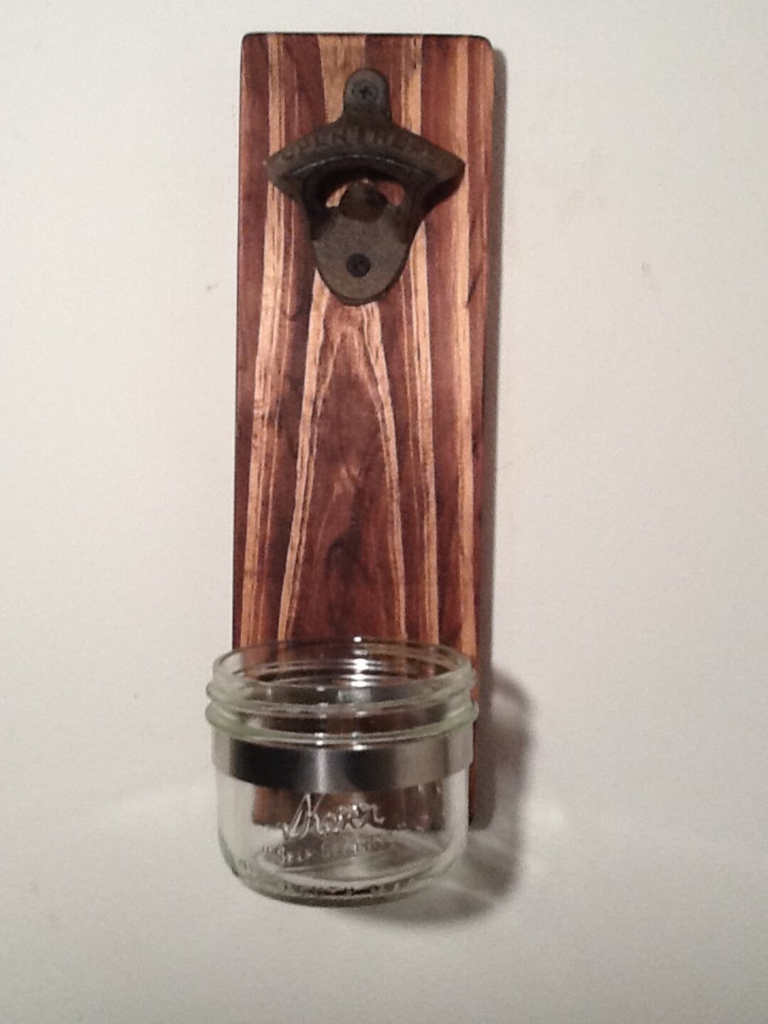 Wooden Wall Rustic Bottle Opener Beer Cap Catcher Cast Iron Open Here ...