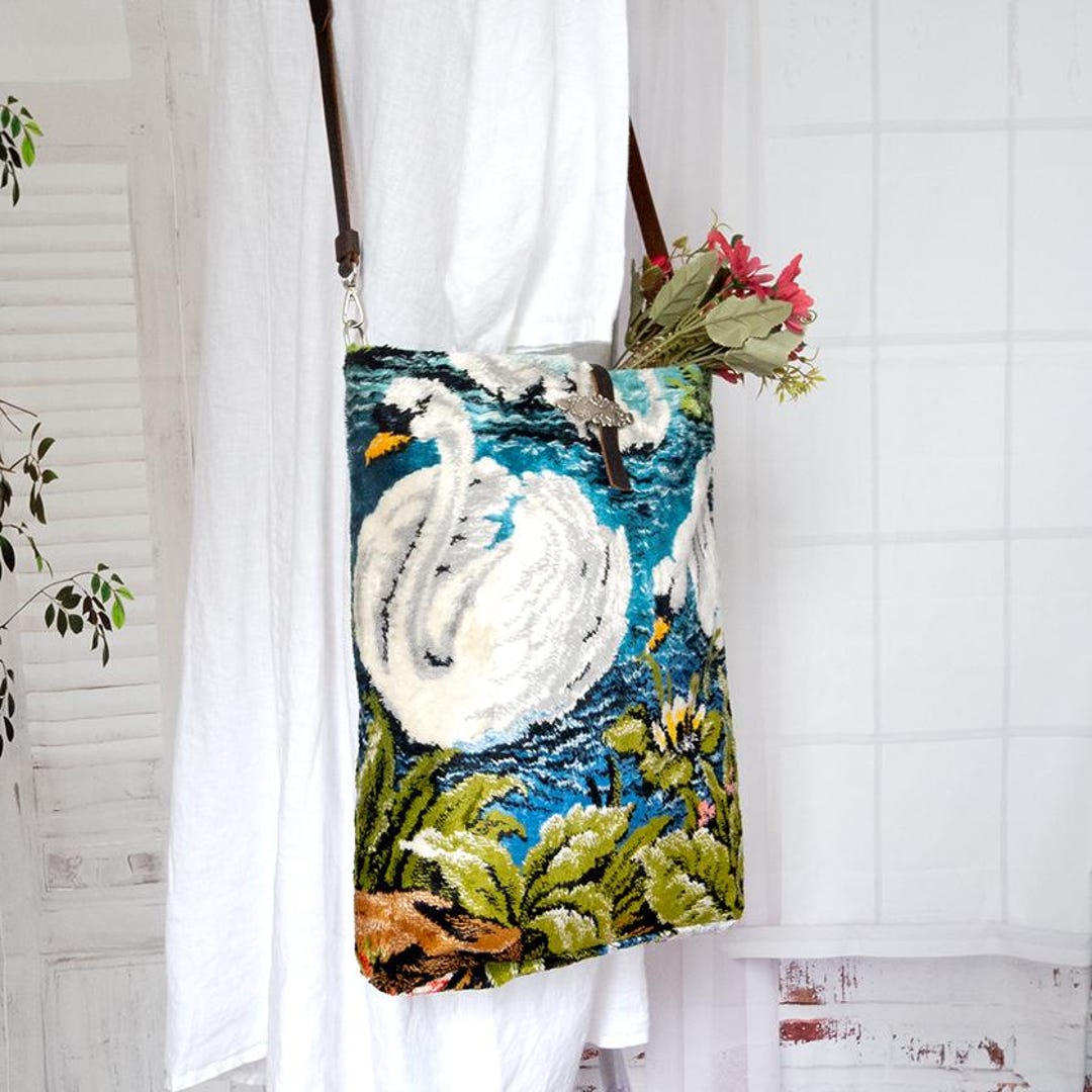 Italian Velvet Carpet Crossbody Bag Wih Beautiful Swans, Velvet Carpet ...