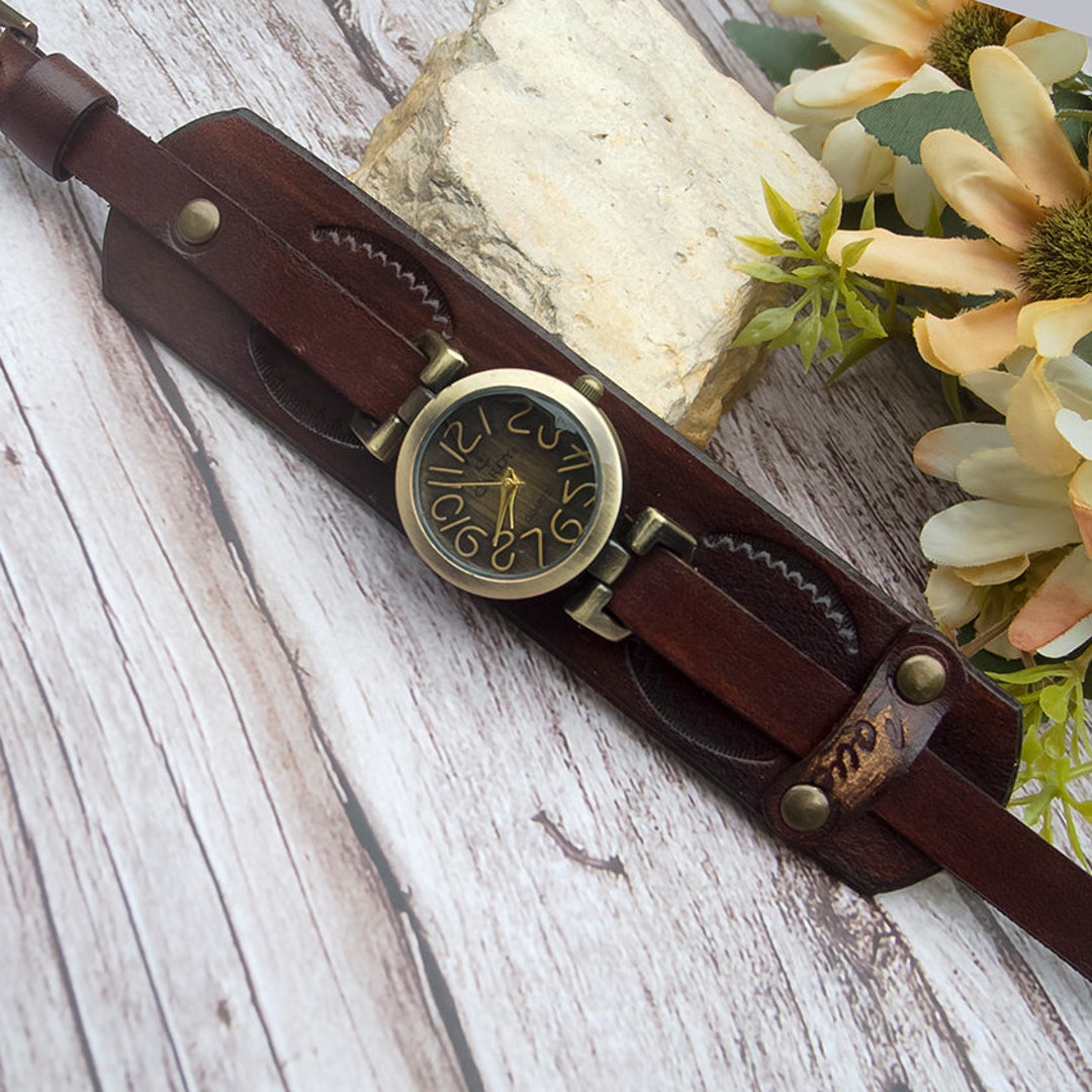 Women's Leather Cuff Watch, Women Wrist Watch, Dark Brown Bronze Dial ...