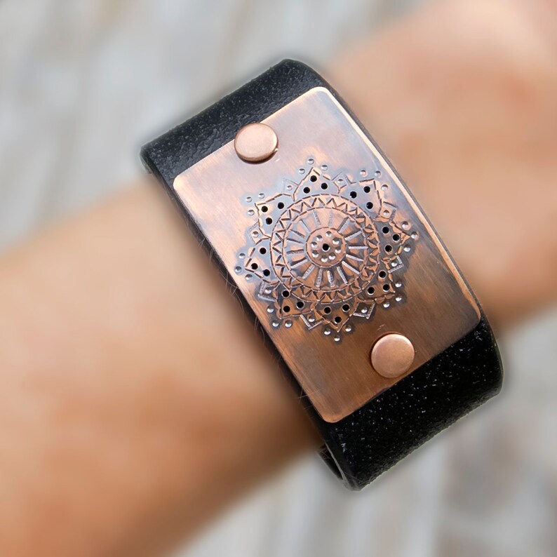 Mandala Cuff Bracelet Black Rusty Textured Leather Bracalet - Etsy