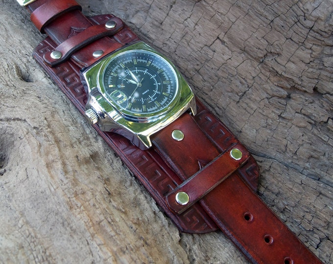 Mens Leather Watch, Right-hand Wrist Watch, Leather Cuff Watch, Leather ...