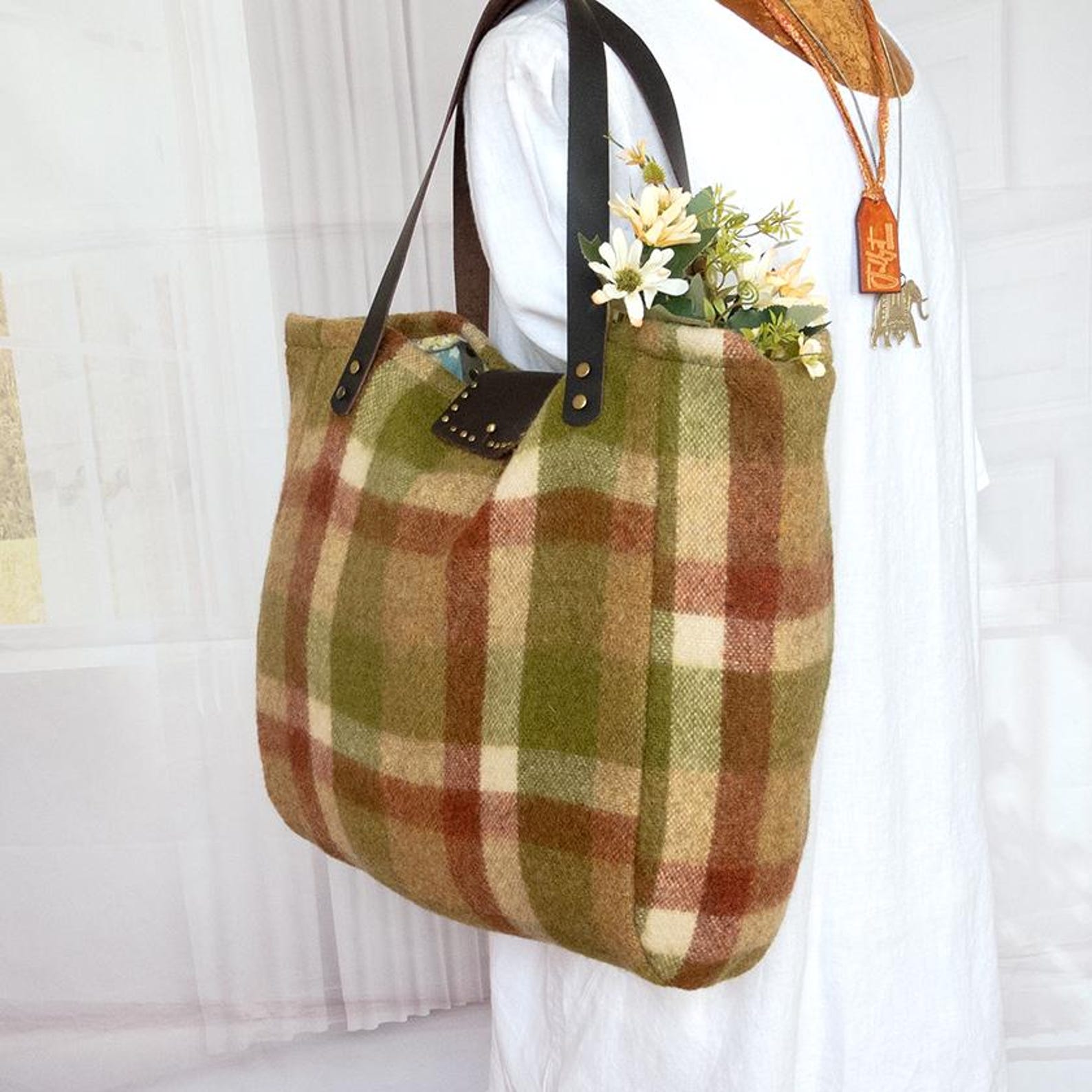 Large Wool Tote Bag, Large Wool Shoulder Bag, Scottish Style Multi ...
