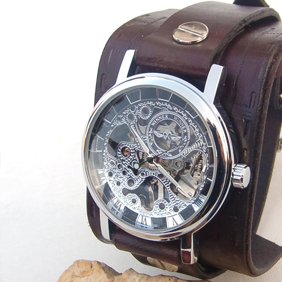 Leather Cuff Watch Skeleton Wrist Watch Chocolate Brown - Etsy