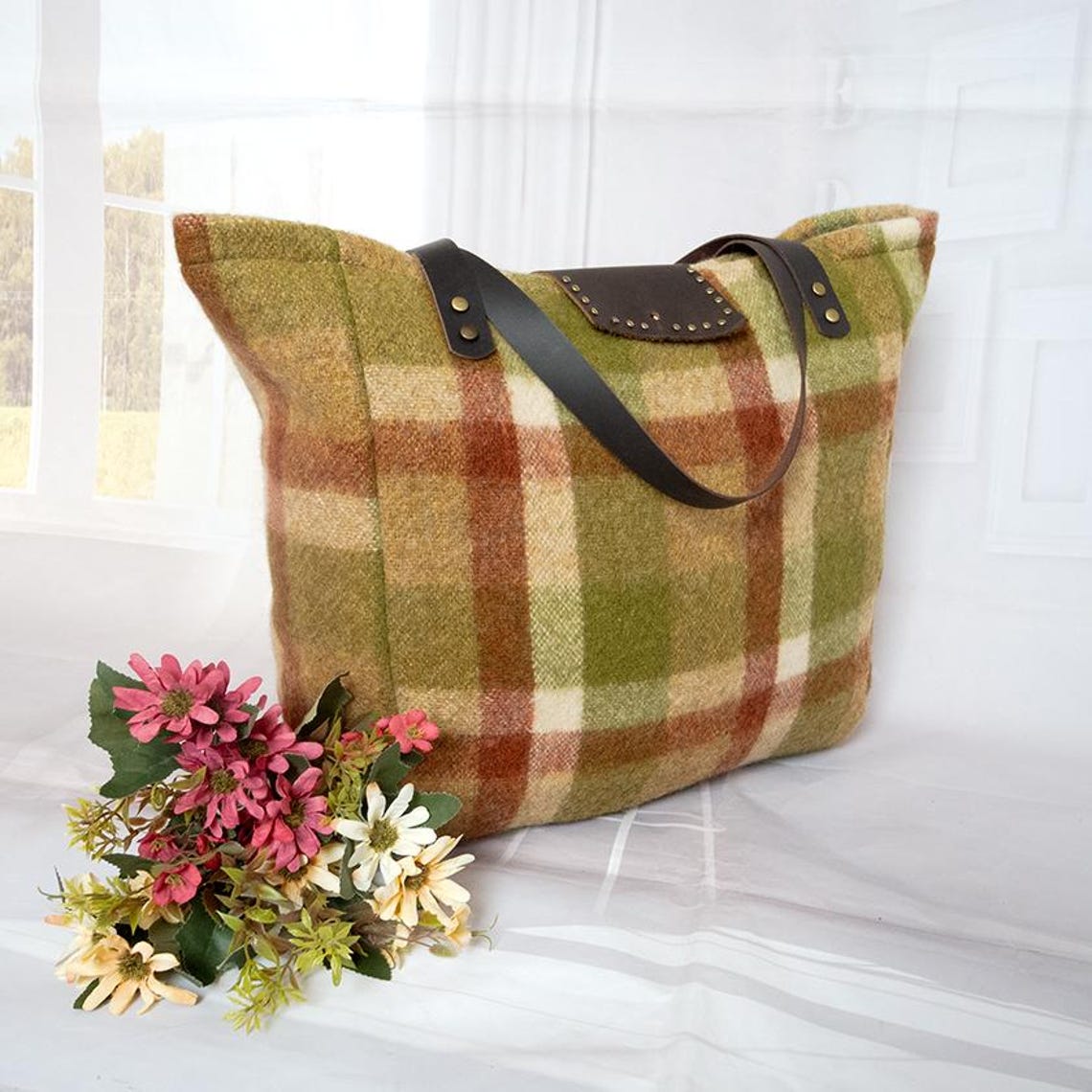 Large Wool Tote Bag, Large Wool Shoulder Bag, Scottish Style Multi ...