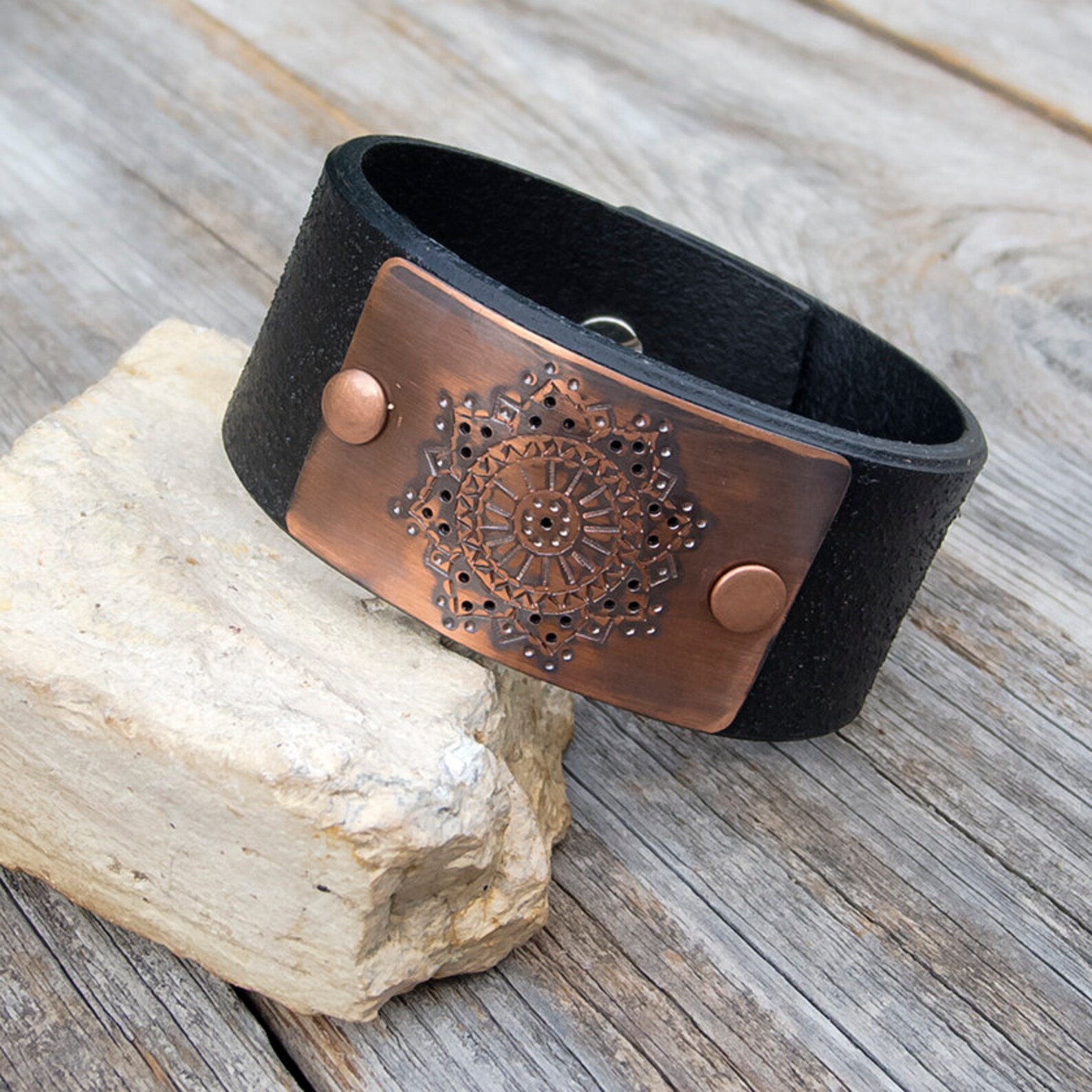 Mandala Cuff Bracelet Black Rusty Textured Leather Bracalet - Etsy