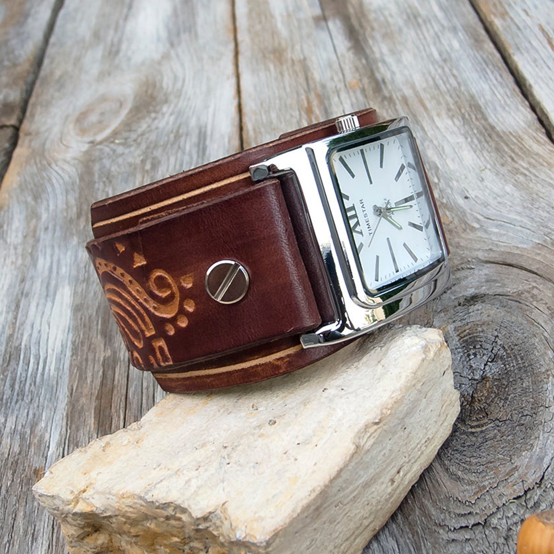 Men's Leather Cuff Watch, Embossed Wrist Watch, Square Men's Watch ...