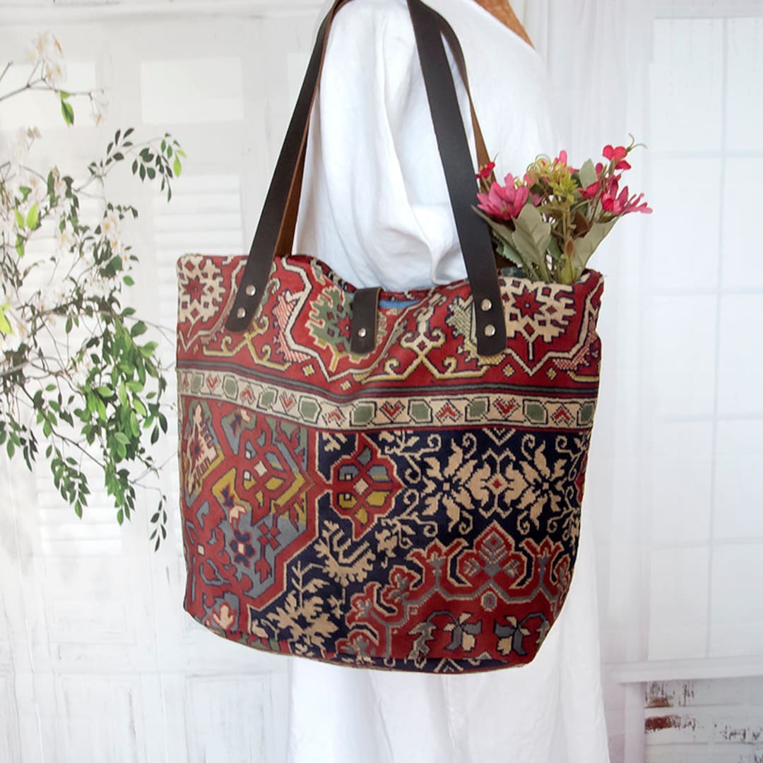 Large Persian Carpet Tote, Vintage Carpet Shoulder Bag, Silk Hippie ...
