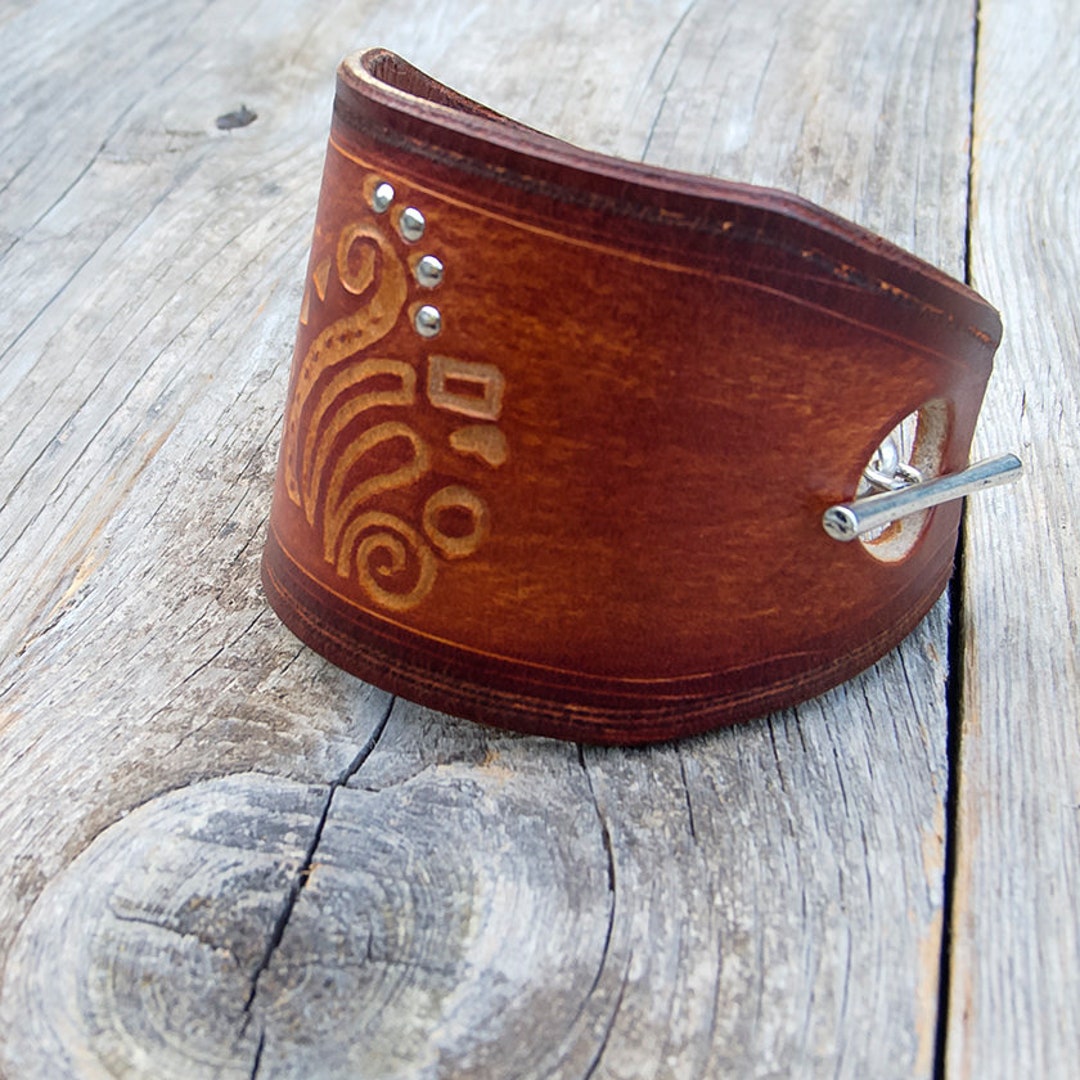 Hand Tooled Leather Cuff, Brown Leather Wristband, Ethnic, Tribal ...