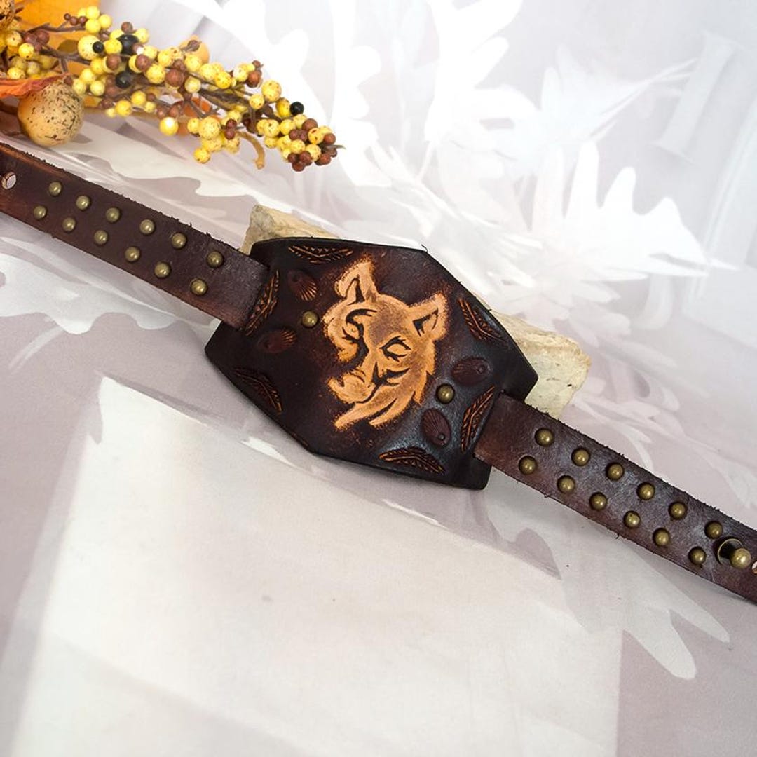 Men's Wolf Leather Bracelet, Wolf Leather Wristband, Dark Brown Leather ...