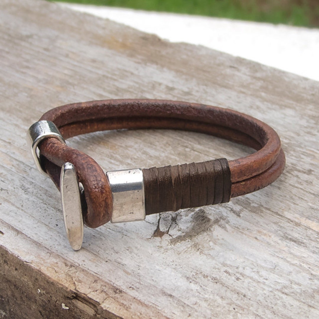 Leather Bracelet for Men, Rustic Brown Natural, Hook Clasp Bracelet ...