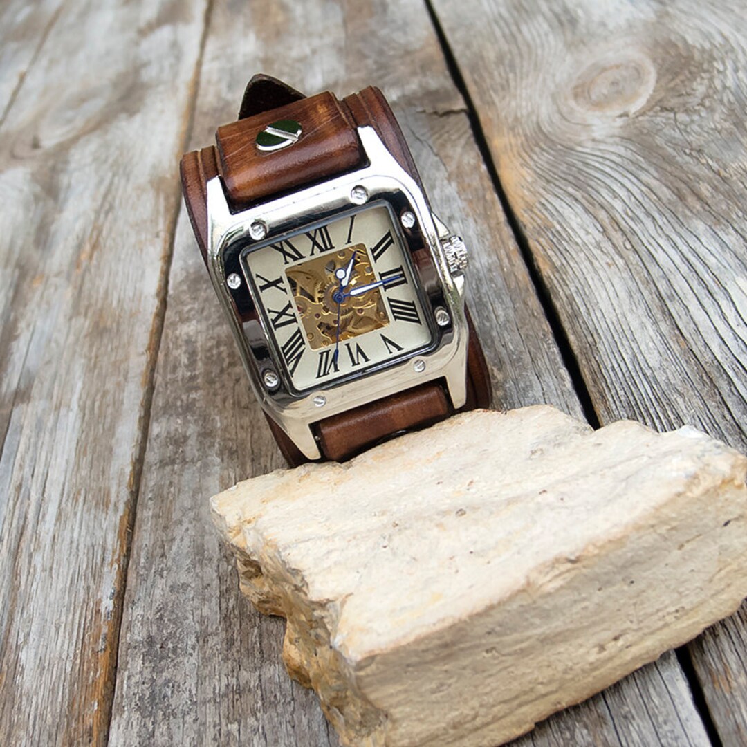 Mens Skeleton Wrist Watch Square Mechanical Leather Cuff - Etsy