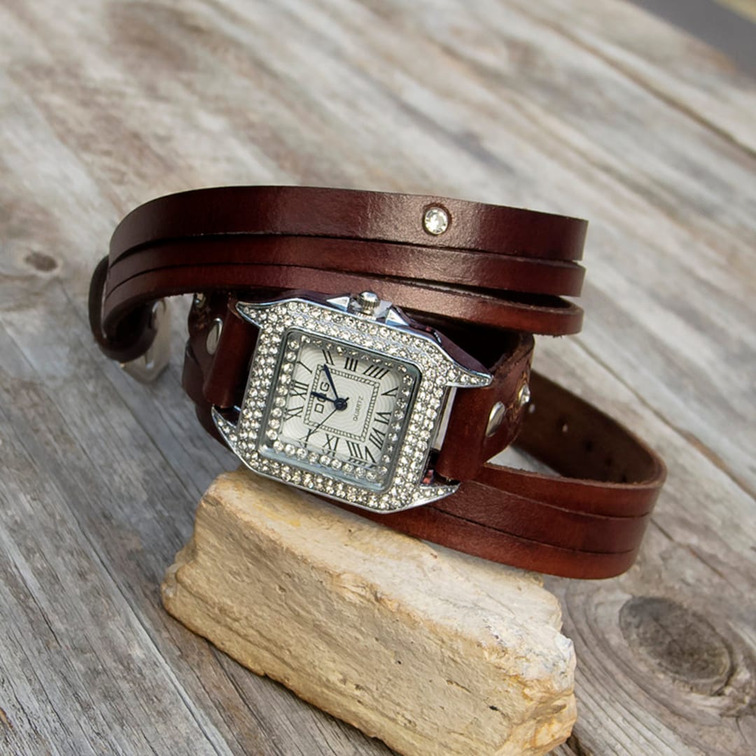 Women Wrap Around Watch, Brown Leather Wrist Watch, Square Diamond ...
