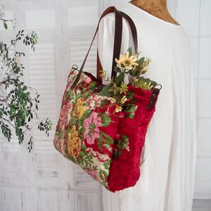 Large Rose Pattern Carpet Shoulder Bag, Large Everyday Velvet Tote Bag ...