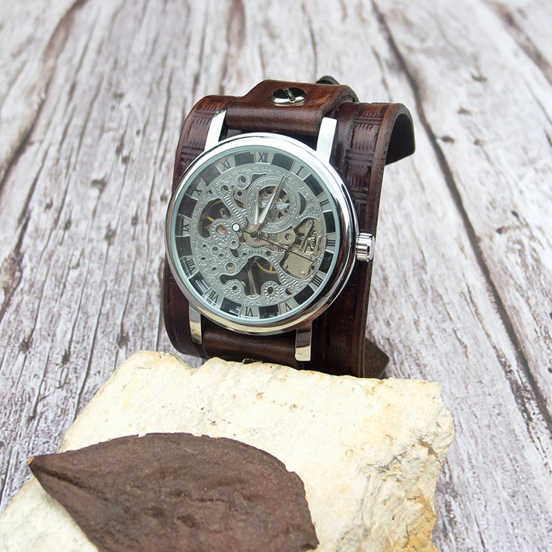 Leather Cuff Watch, Skeleton Wrist Watch, Chocolate Brown Mechanical ...
