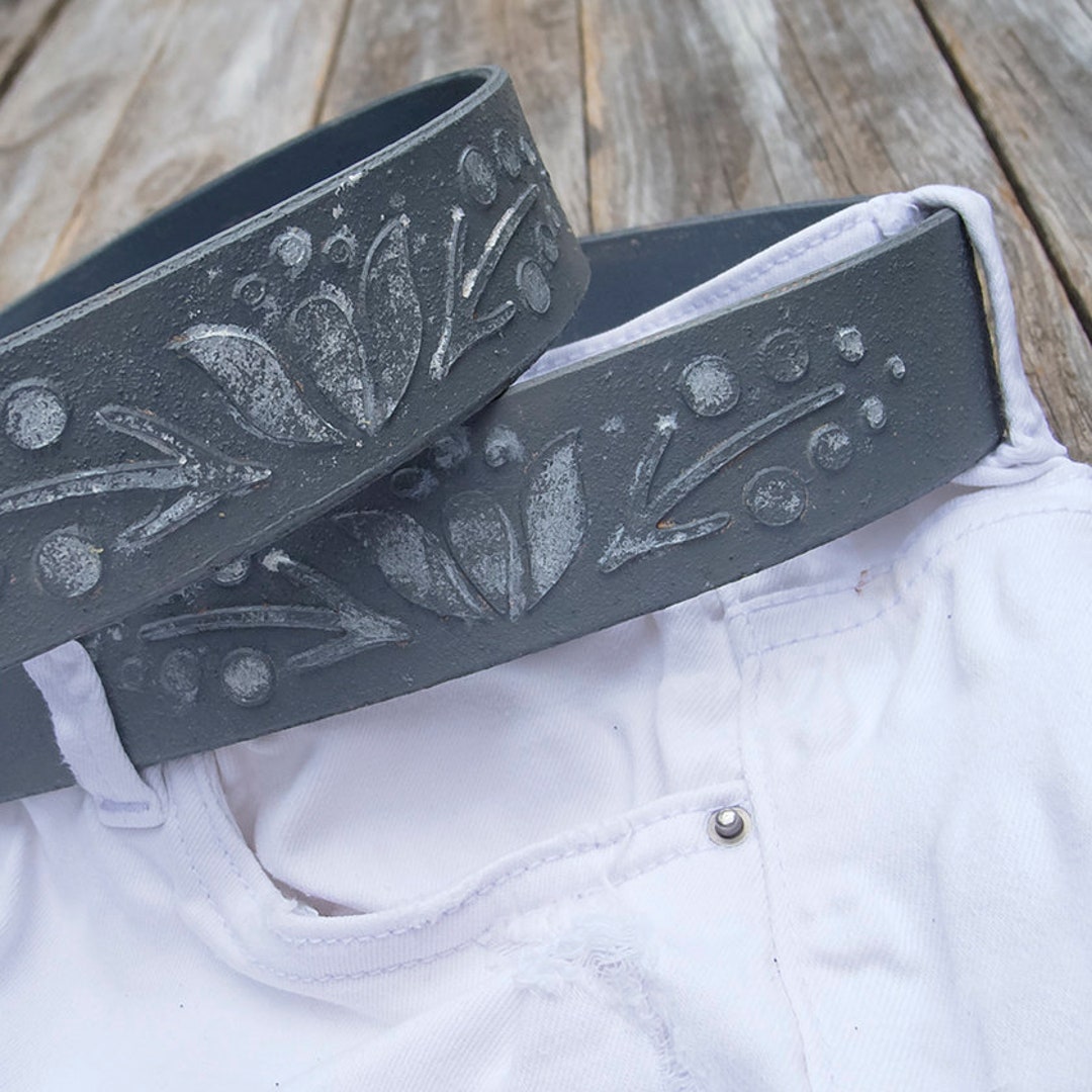 Grey Rusty Textured Leather Belt, Leather Belt With Hungarian Folk ...