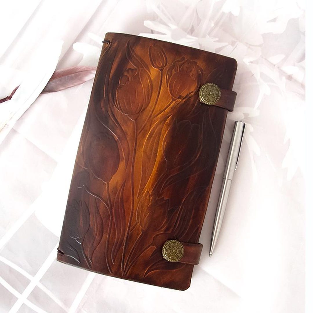 Leather Traveler's Notebook, Tulip Leather Journal, Floral Refillable ...