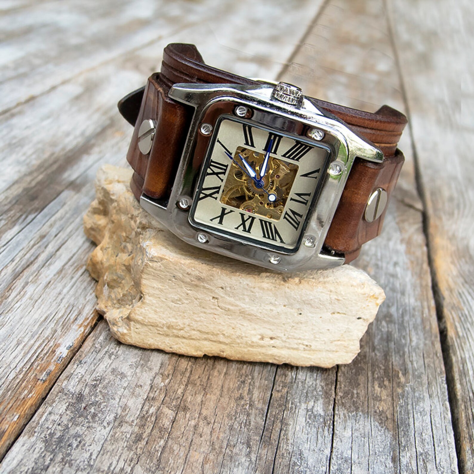 Mens Skeleton Wrist Watch Square Mechanical Leather Cuff - Etsy