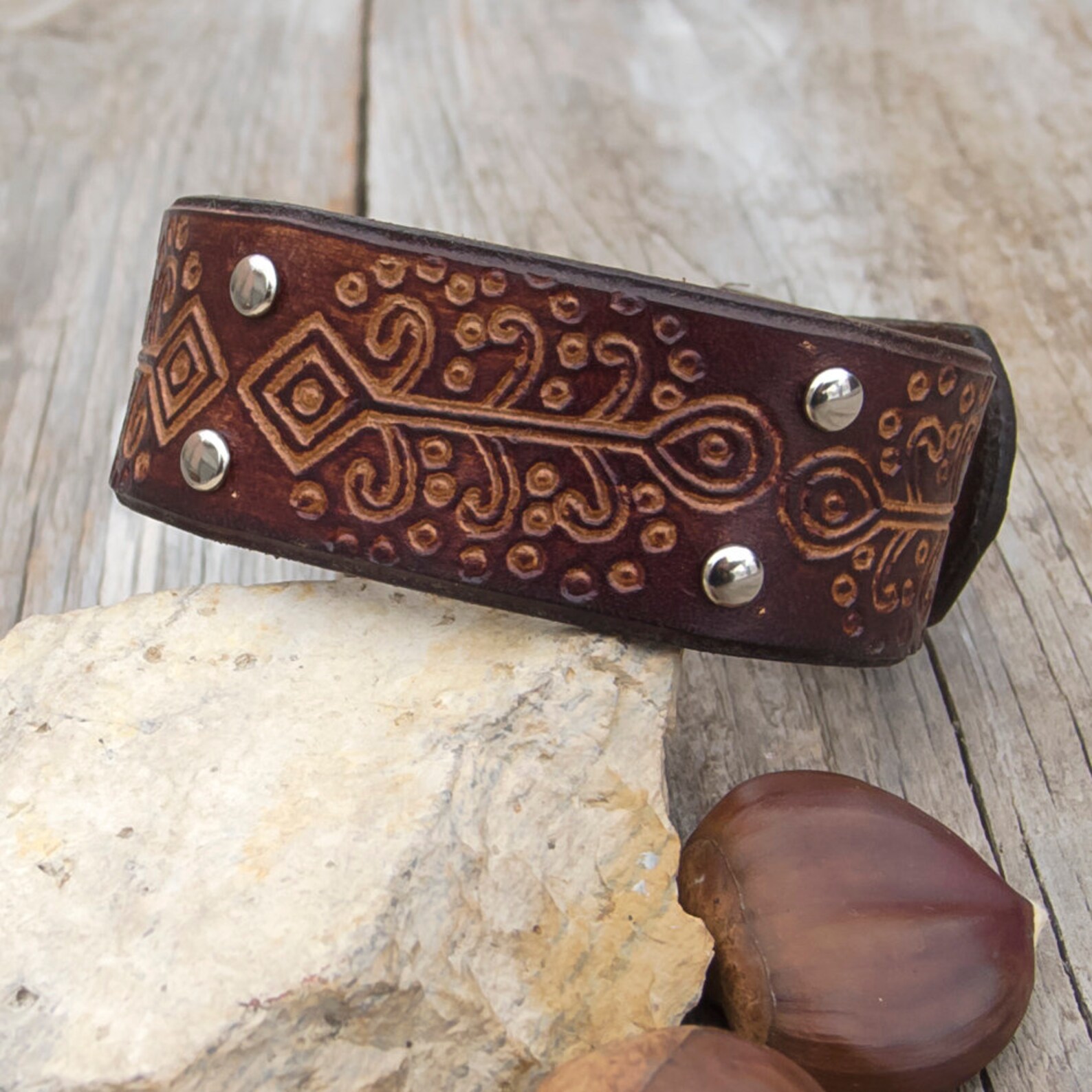 Leather Cuff Bracelet Brown Floral Embossed Cuff Bracelet | Etsy