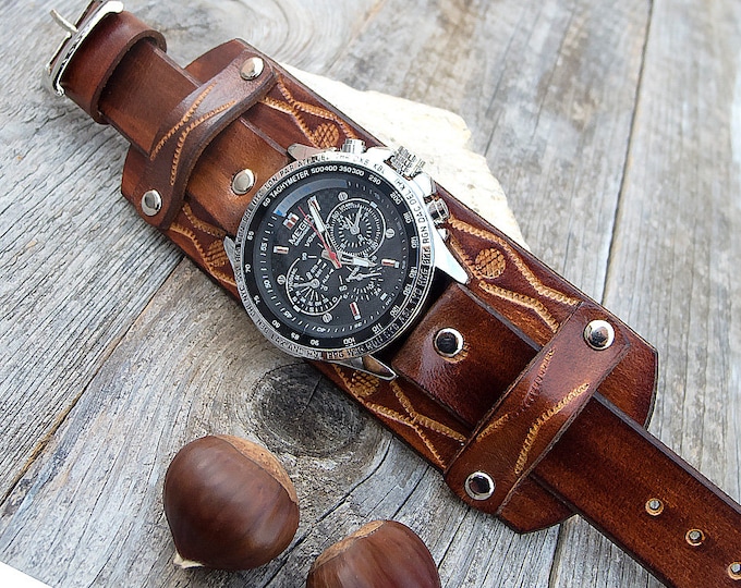 Men's Leather Watch Cuff, Men's Military Black Dial Leather Watch ...