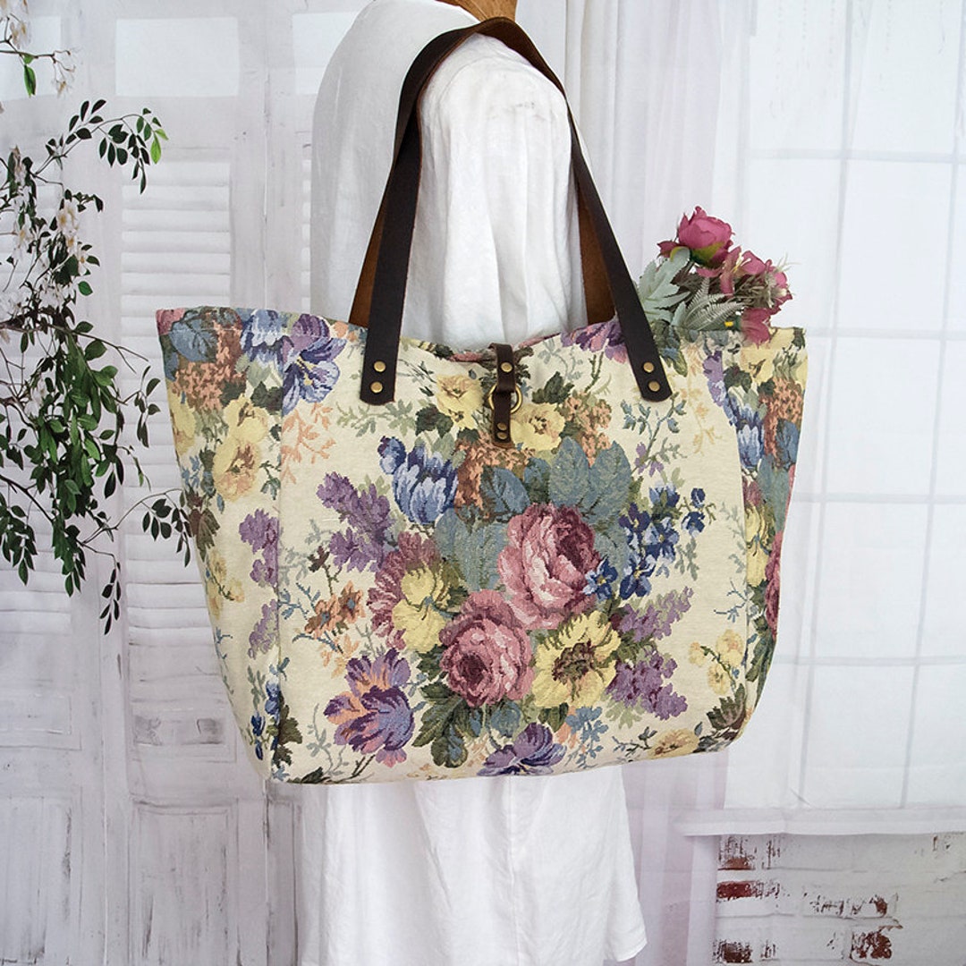 Large Boho Tapestry Tote Bag, Large Vintage Floral Gobelin Shoulder Bag ...