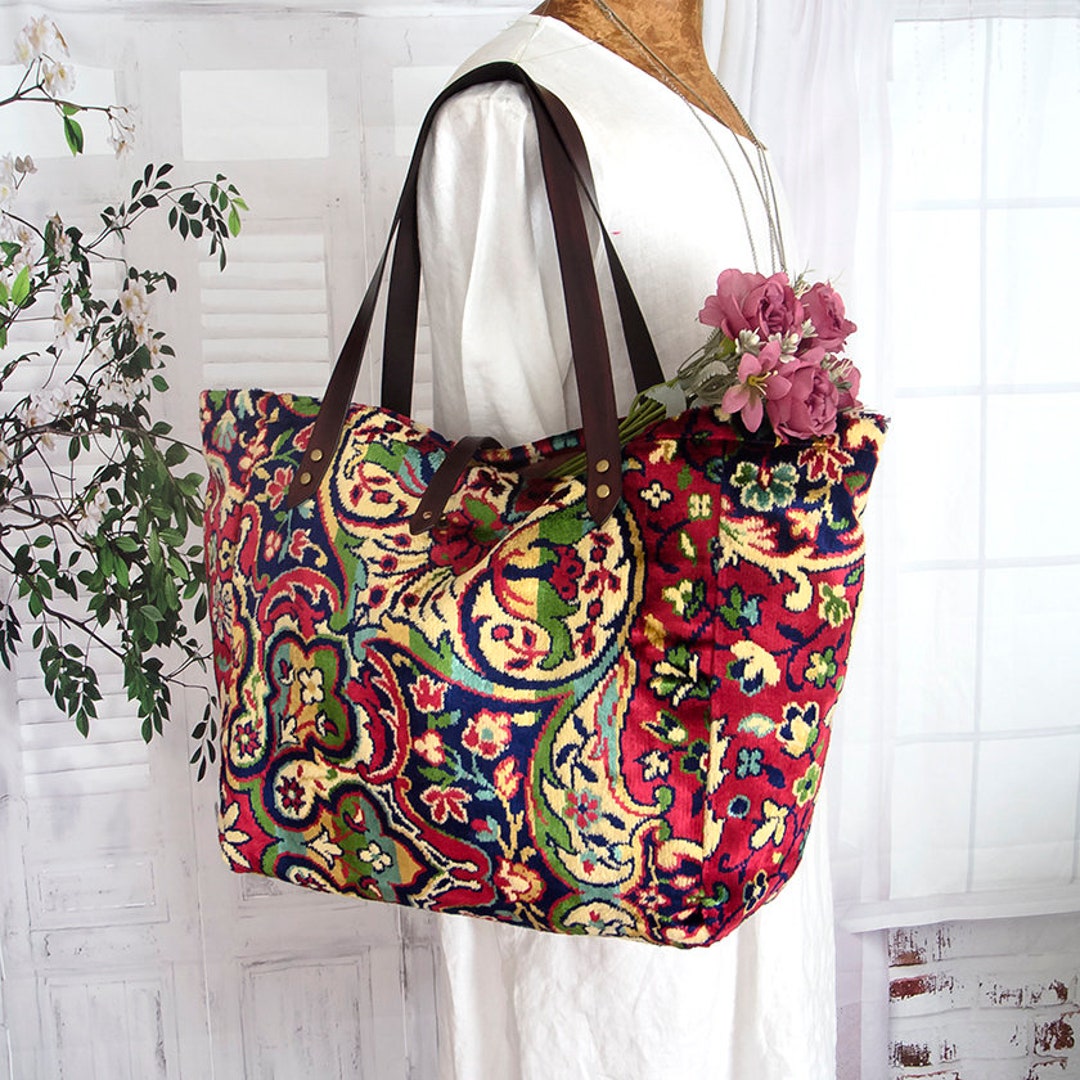 Floral Pattern Carpet Tote Bag, Boho Carpet Shoulder Bag, Large Velvet ...
