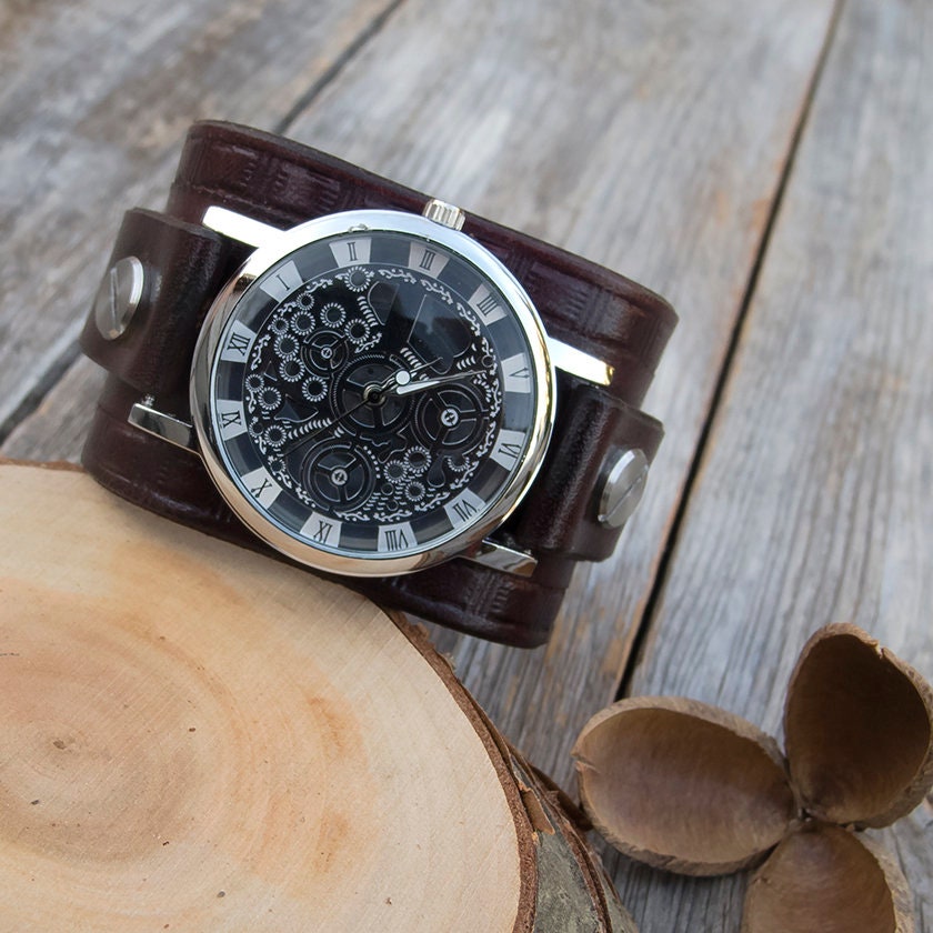 Leather Cuff Watch Skeleton Wrist Watch Chocolate Brown | Etsy
