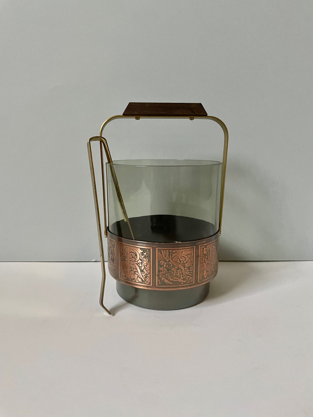Brutalist Style Vintage Ice Bucket Smoke Glass Mis Century Modern Brass ...