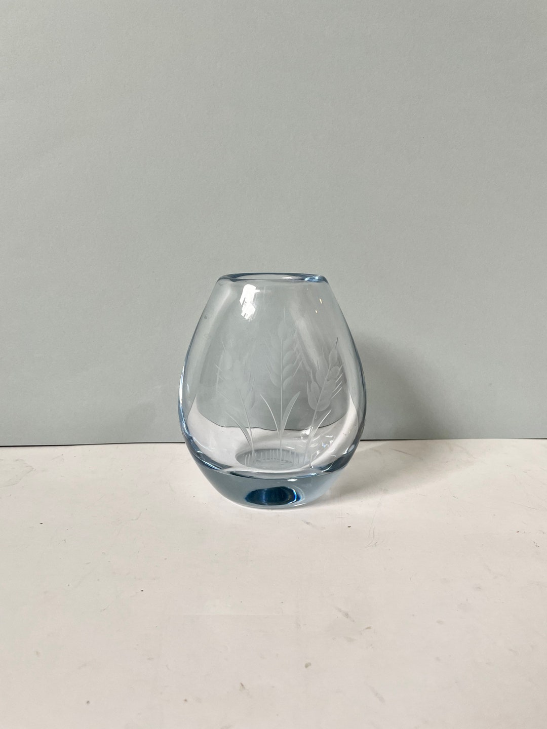 Cute Clear Blue Scandinavian Vase With Etched Flowers - Hadeland Glass ...