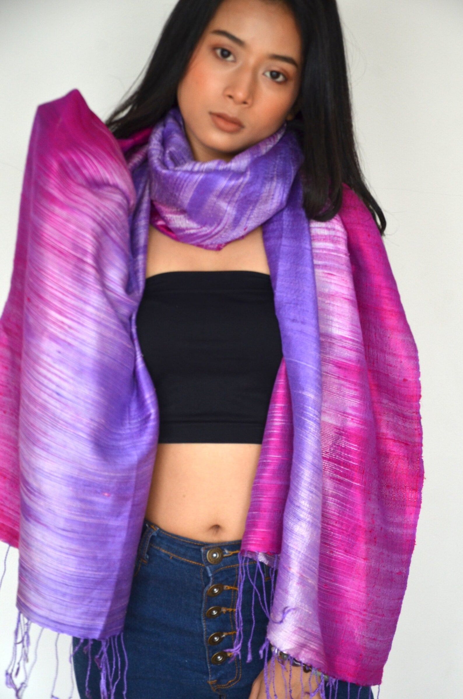 Handwoven Thai Silk Scarf: Bohemian Mudmee Textile, Pink & Multicolor ...