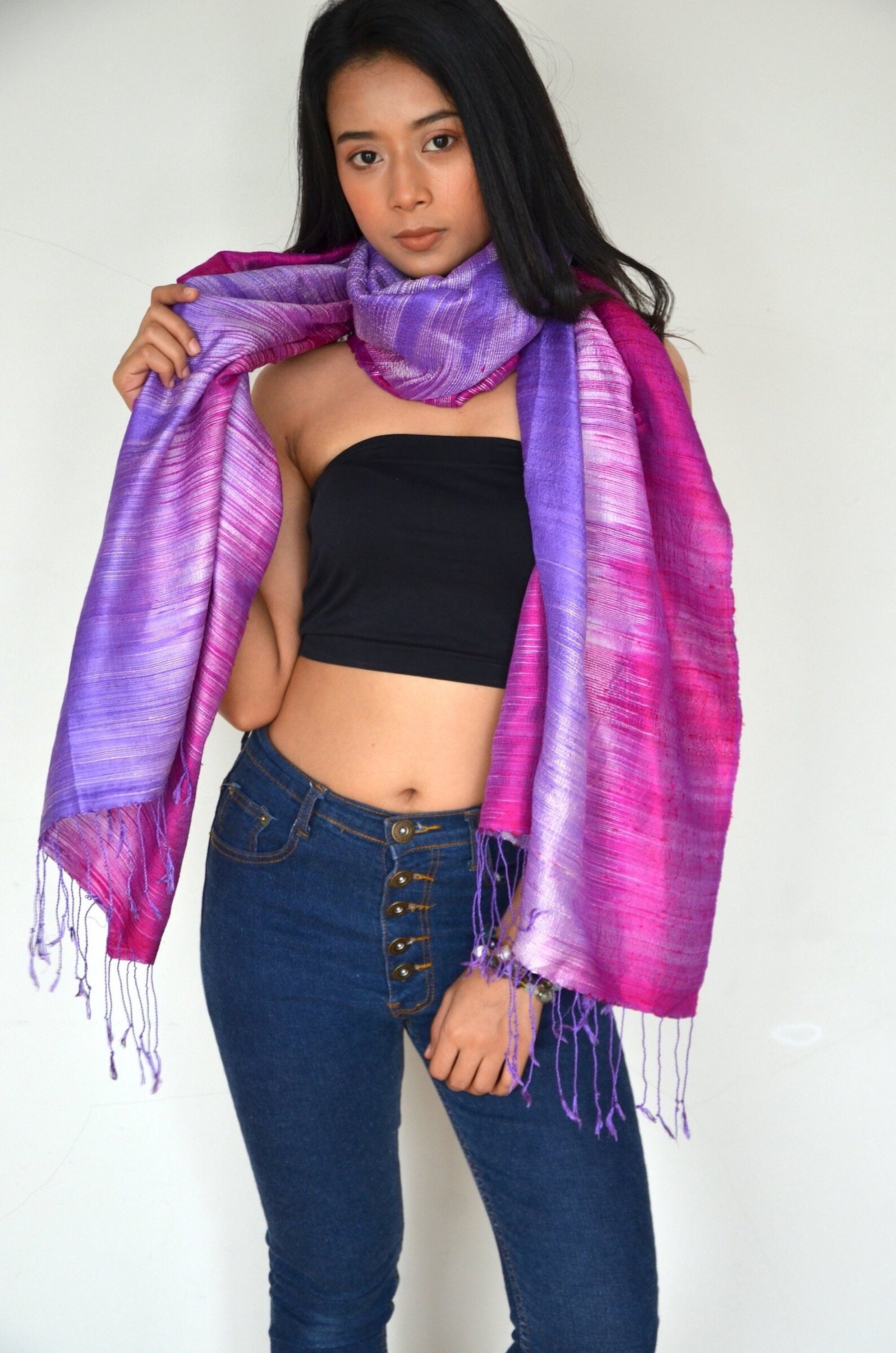 Handwoven Thai Silk Scarf: Bohemian Mudmee Textile, Pink & Multicolor ...