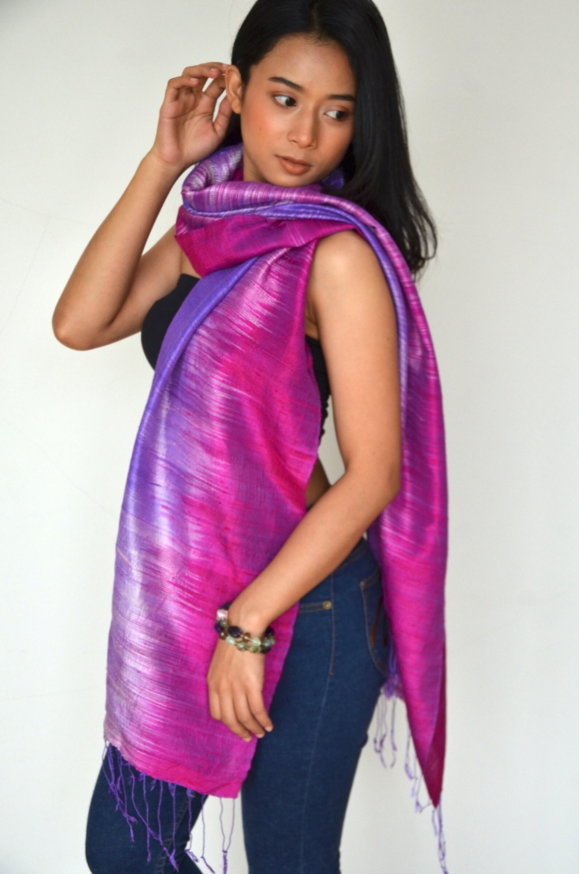 Handwoven Thai Silk Scarf: Bohemian Mudmee Textile, Pink & Multicolor ...