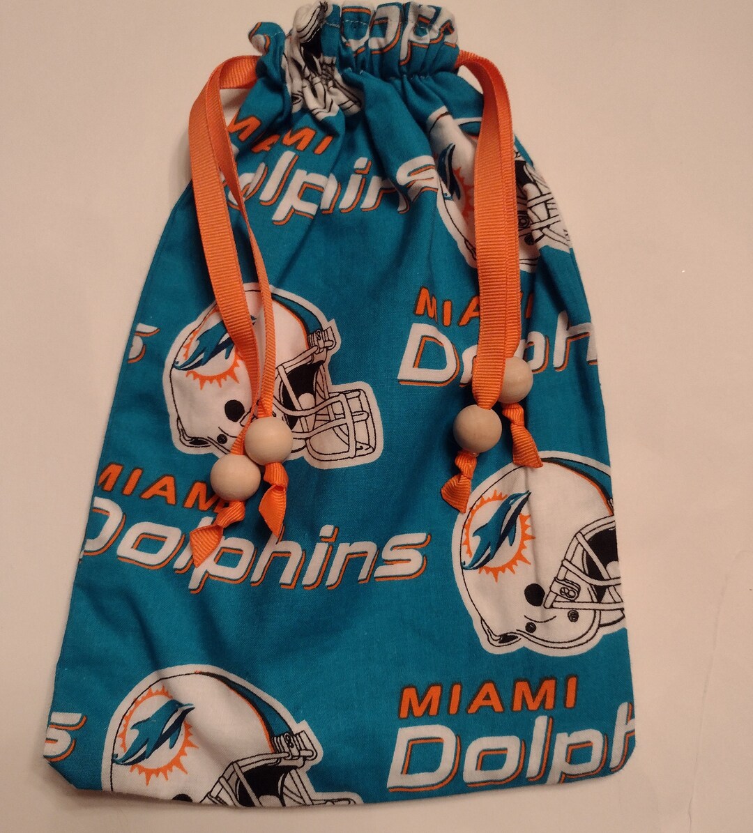 Miami Dolphins Cotton Fabric Lined Drawstring Bag With Grosgrain Ribbon and Beads Ready to Ship ...