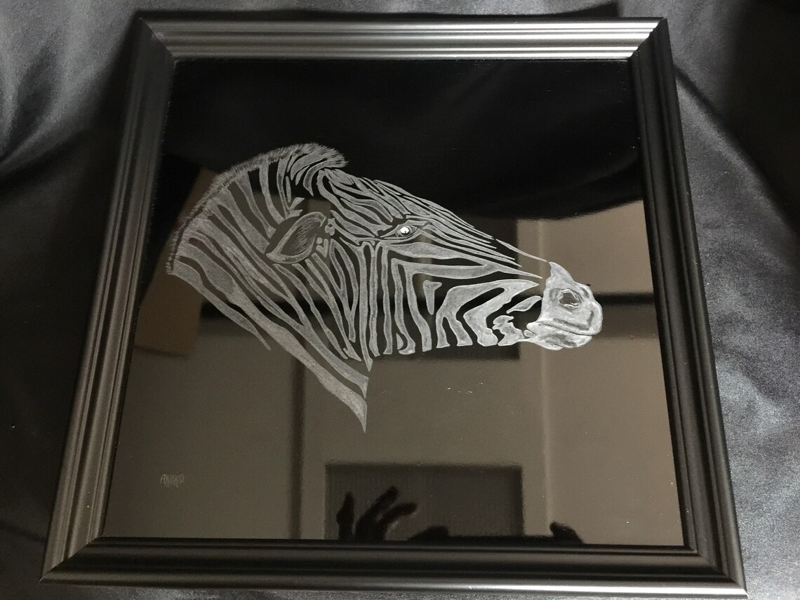 Handengraved Zebra Framed, Zebra, Hand Engraved Glass, Personalized Art ...