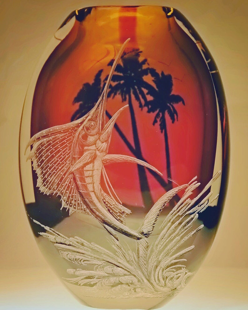 Hand Engraved Sail Fish Vase, Handblown Vase, Engraved Sail Fish, Deep ...