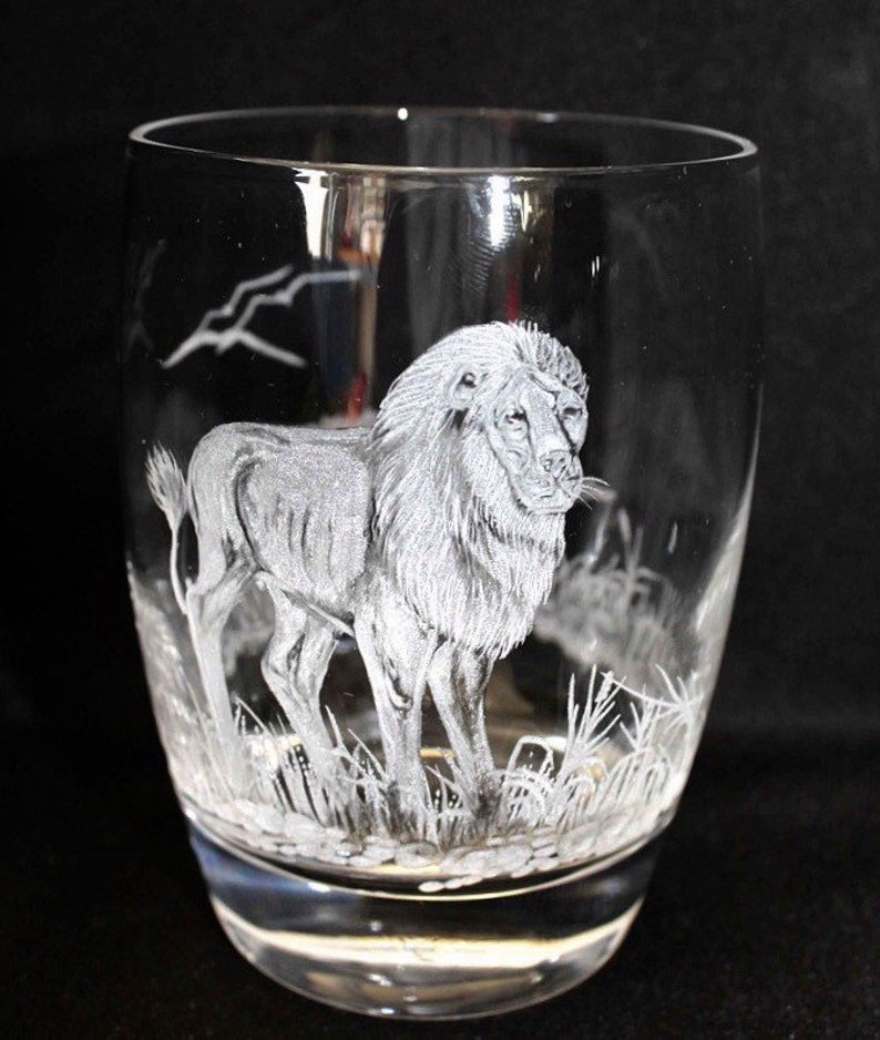 Hand Engraved Double Old Fashion Glass Lion, Lion, Engraved Glass ...