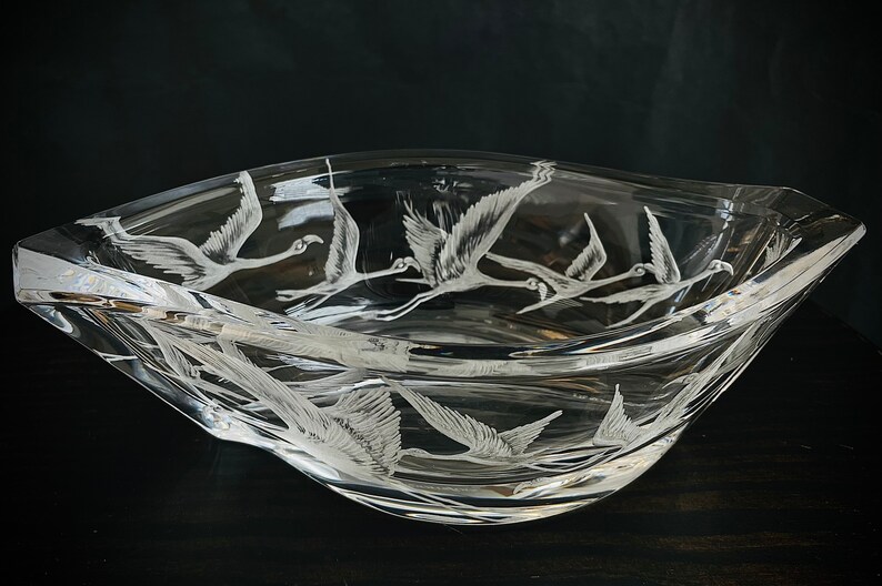 Hand Engraved Glass Bowl, Flamingoes, Crystal Bowl Engraved, Etched ...