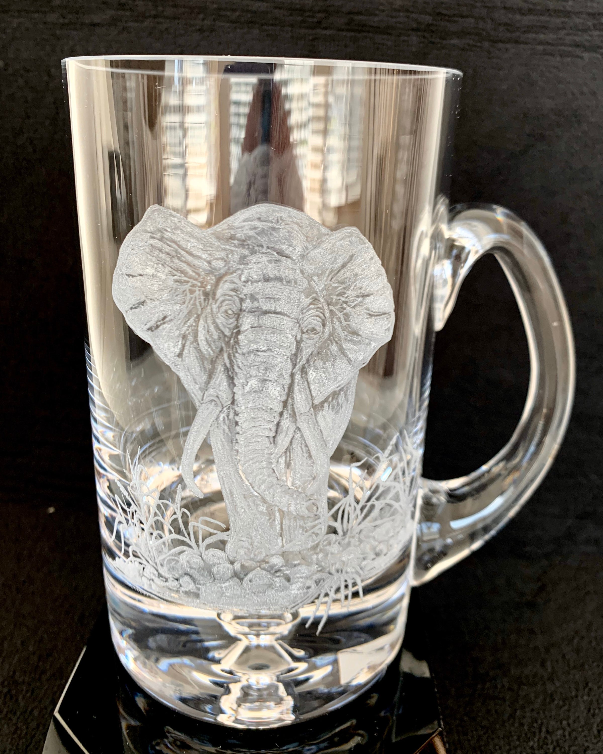 Hand Engraved Beer Mug Beer Glass Hand Engraved Glass Elephant Etched Elephants Barware