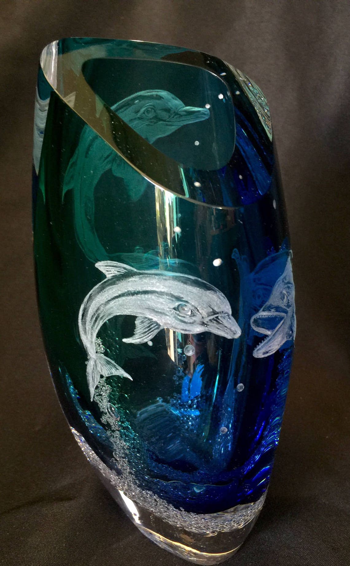 Hand Engraved Dolphin Vase, Glass Engraving, Dolphins, Vase Etched ...